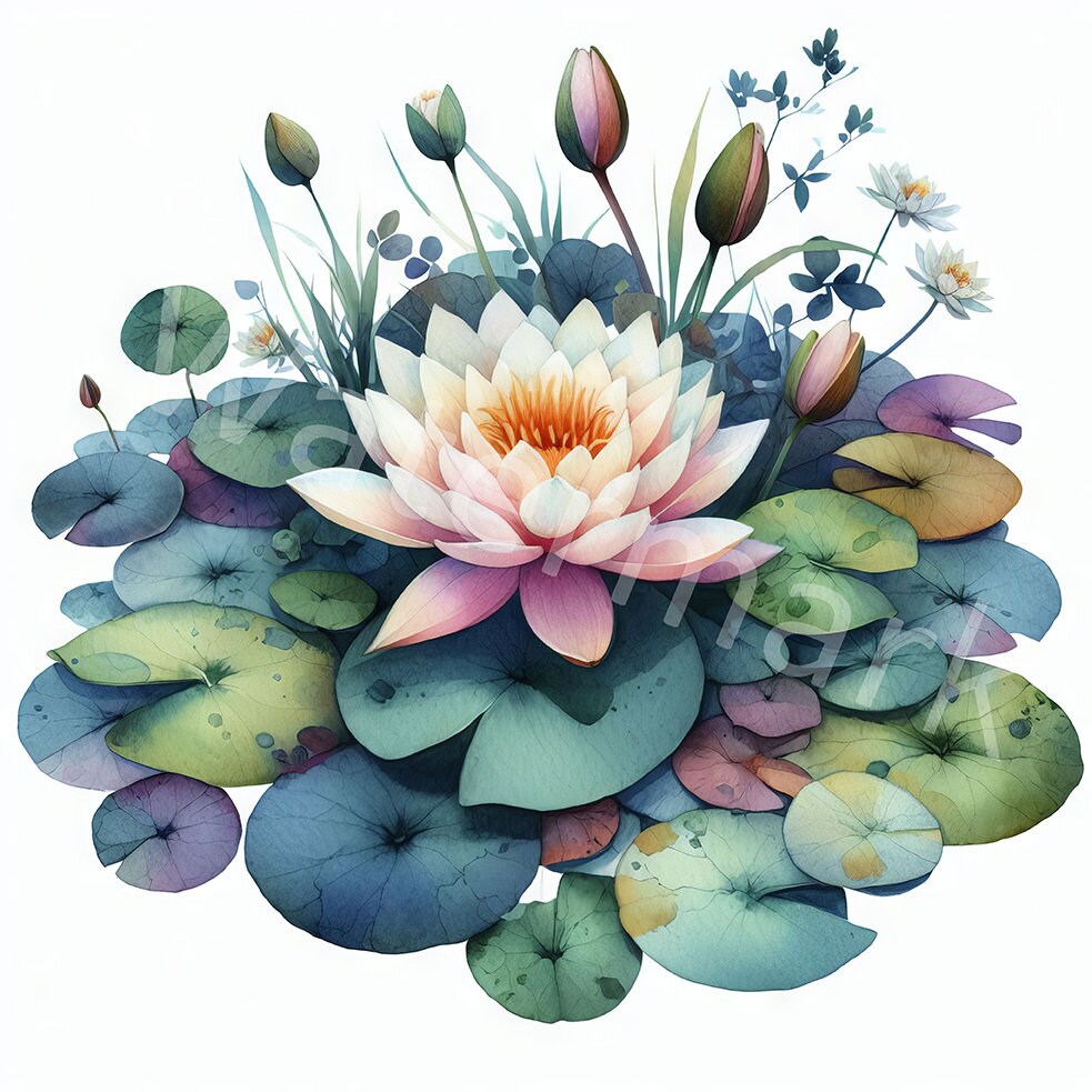 Water Lily Watercolor Clipart, 12 Jpg, Digital Download, Digital Paper ...