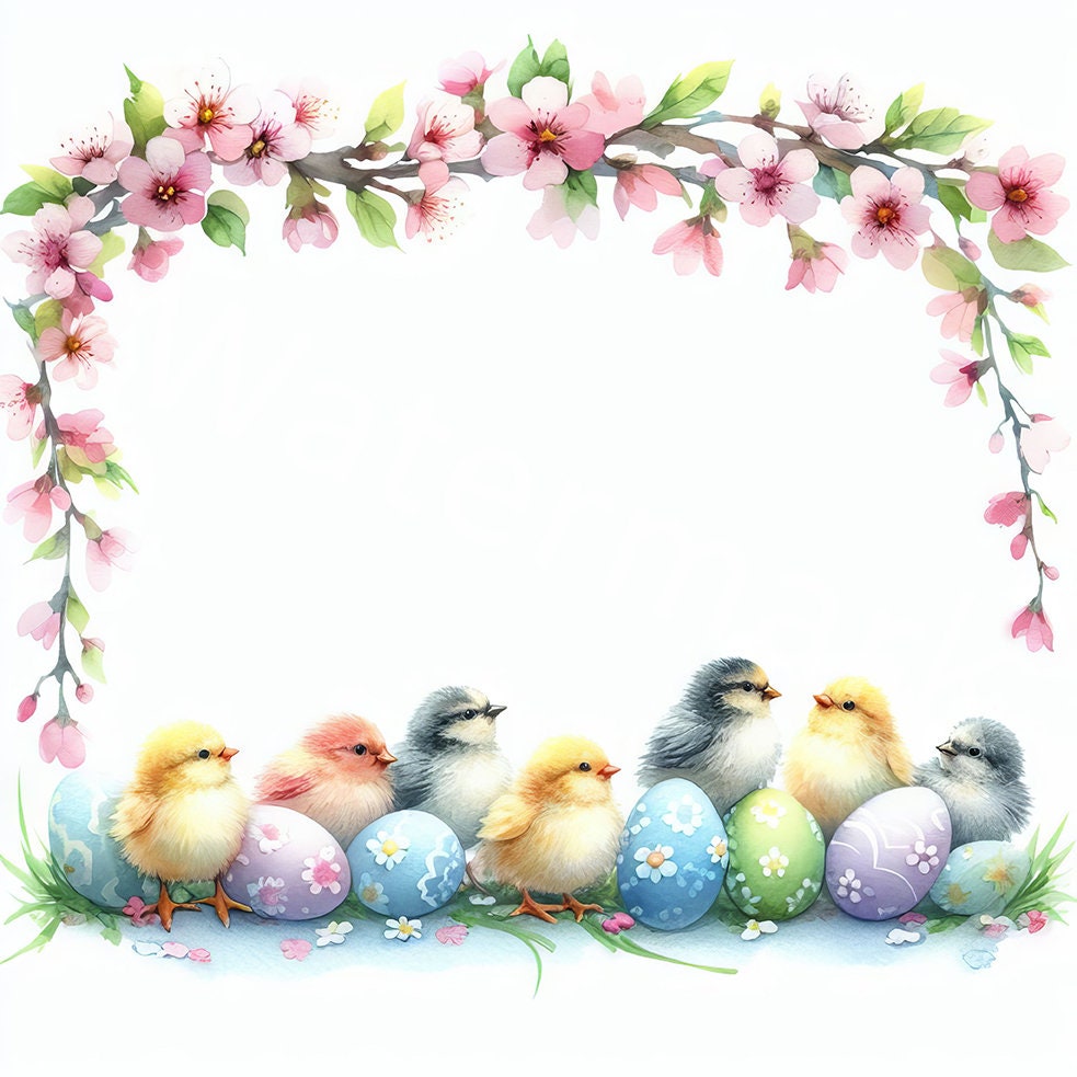 Watercolor Easter Borders Clipart: Chicks & Eggs, Floral Frames ...