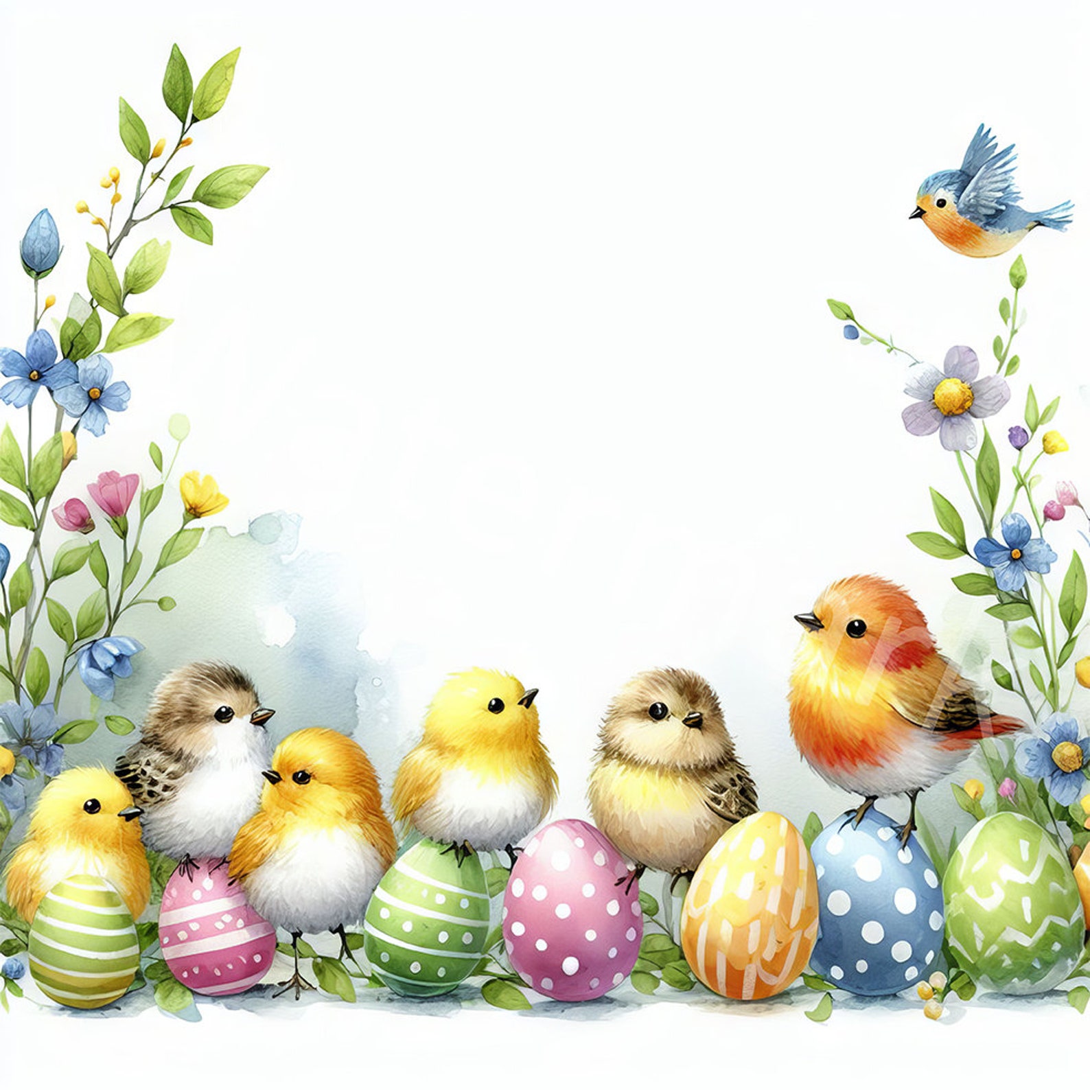 Watercolor Easter Borders Clipart: Chicks & Eggs, Floral Frames ...
