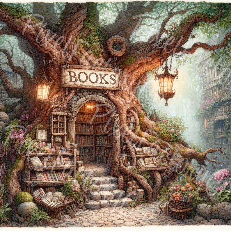Fantasy Tree Bookstore Clipart: Enchanted Library Art (12 JPG Digital ...