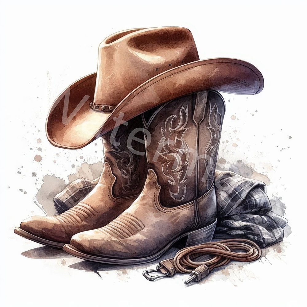 Watercolor Cowboy Boots & Hat Clipart: Western Art (digital Download ...