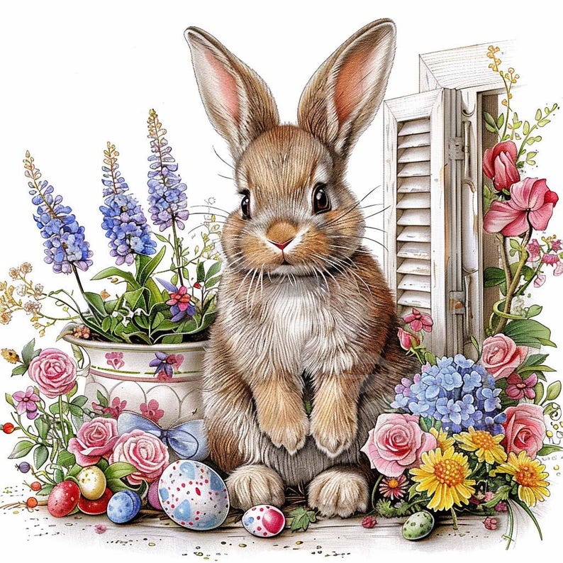 Watercolor Easter Bunny Clipart: Spring Flowers, Eggs (digital Download ...
