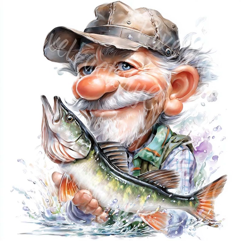 Funny Fishing Grandpa Clipart Bundle: Old Man Digital Art (JPG Files ...