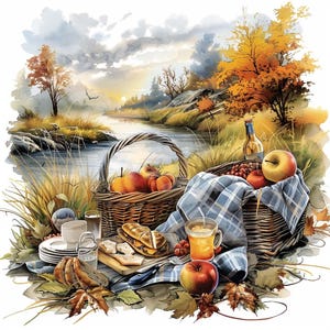 Autumn River Picnic Watercolor Clipart: Country Landscape (digital ...