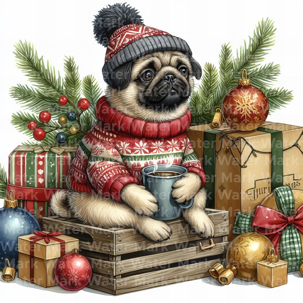 Christmas Dog Pug Clipart 12 Jpg Watercolor Clipart - Etsy