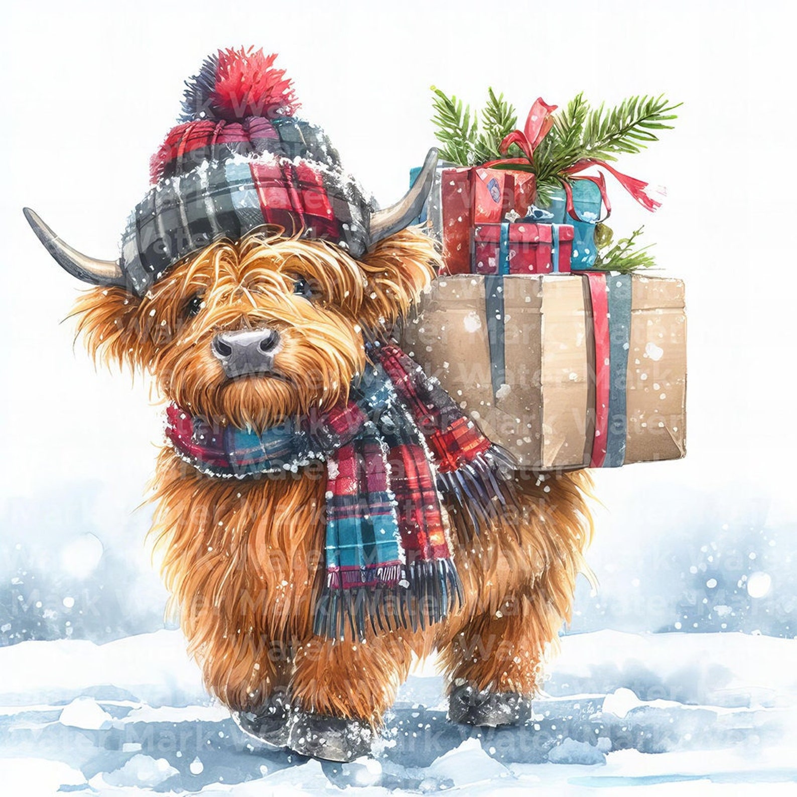 Watercolor Christmas Highland Cow Clipart: Holiday Card Making (digital ...