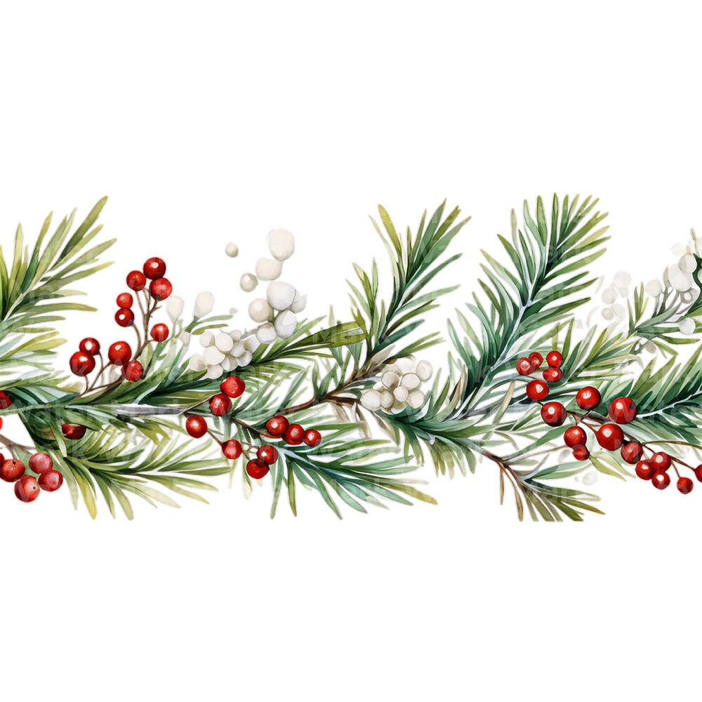 Watercolor Christmas Border Clipart: Mistletoe & Pine (digital Download ...
