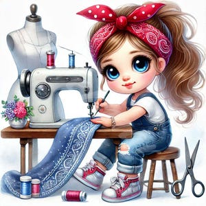 Funny Girl Clipart, Digital Download, Quirky Crazy Girl and Sewing ...