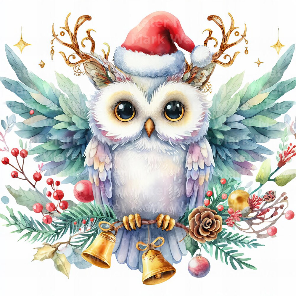 Christmas Owl Watercolor Clipart: Holiday Card Making (digital Download ...