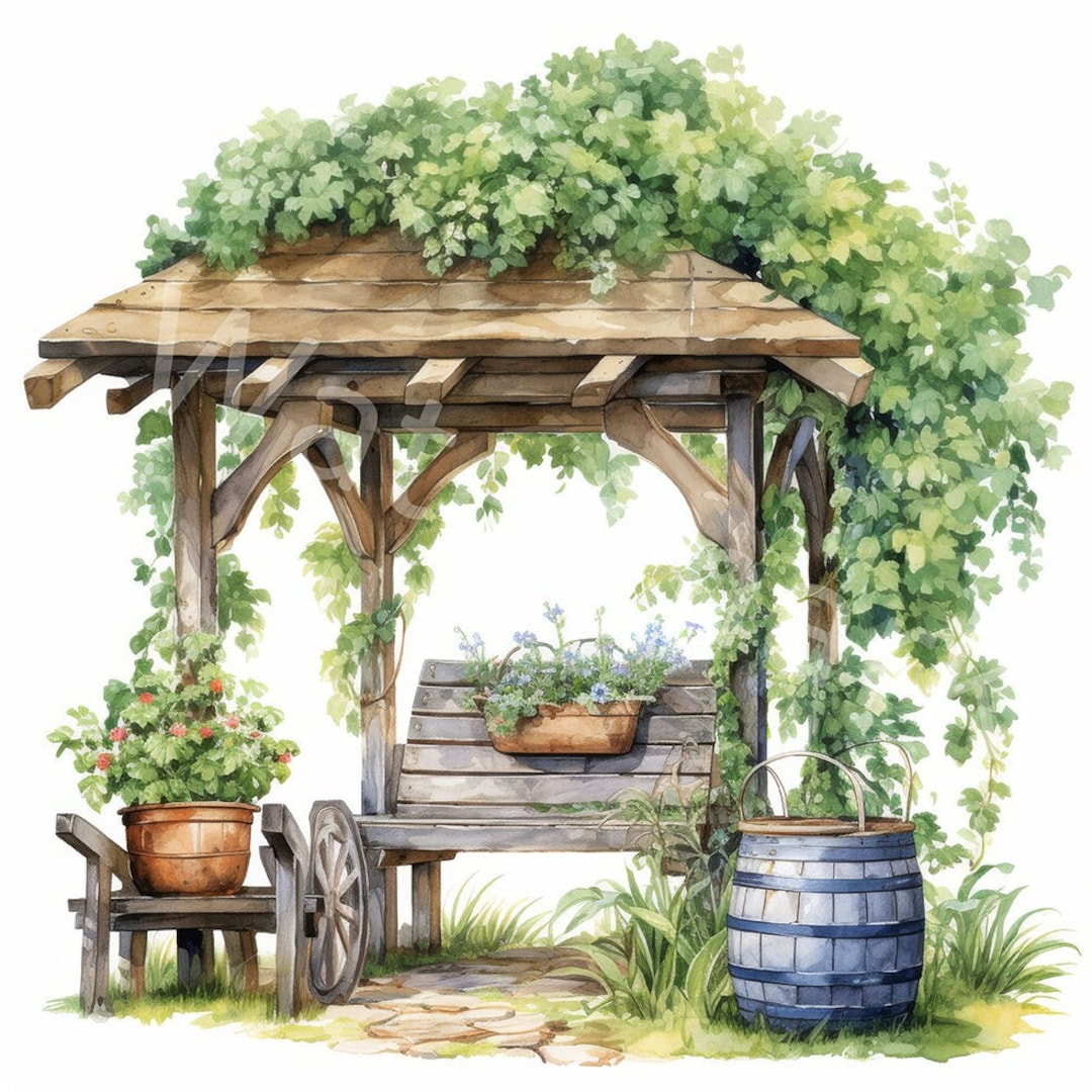 Watercolor Garden Pergola Clipart: Summer Scrapbook Graphics (digital ...