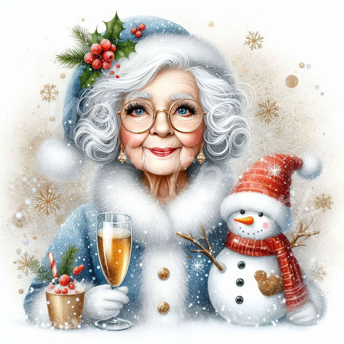Christmas Old Lady Clipart: Elegant Grandma With Snowman (JPG Digital ...