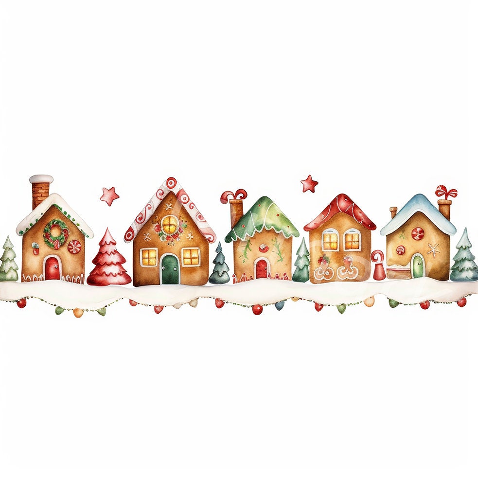 Christmas Borders Clipart: Watercolor Gingerbread House Garlands ...
