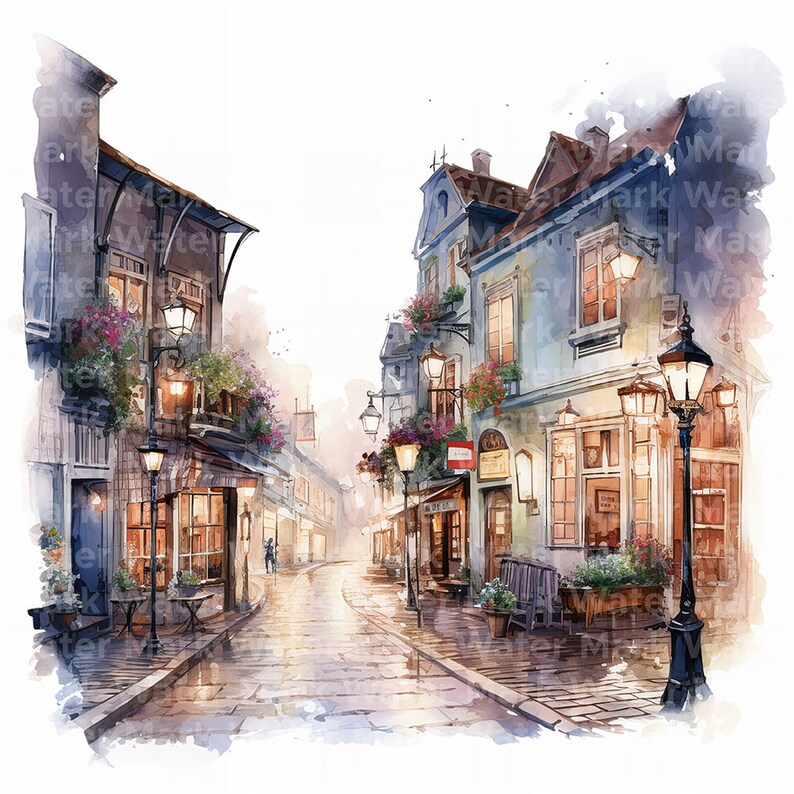 Autumn Street Watercolor Clipart: Fall Landscape Art (digital Download ...