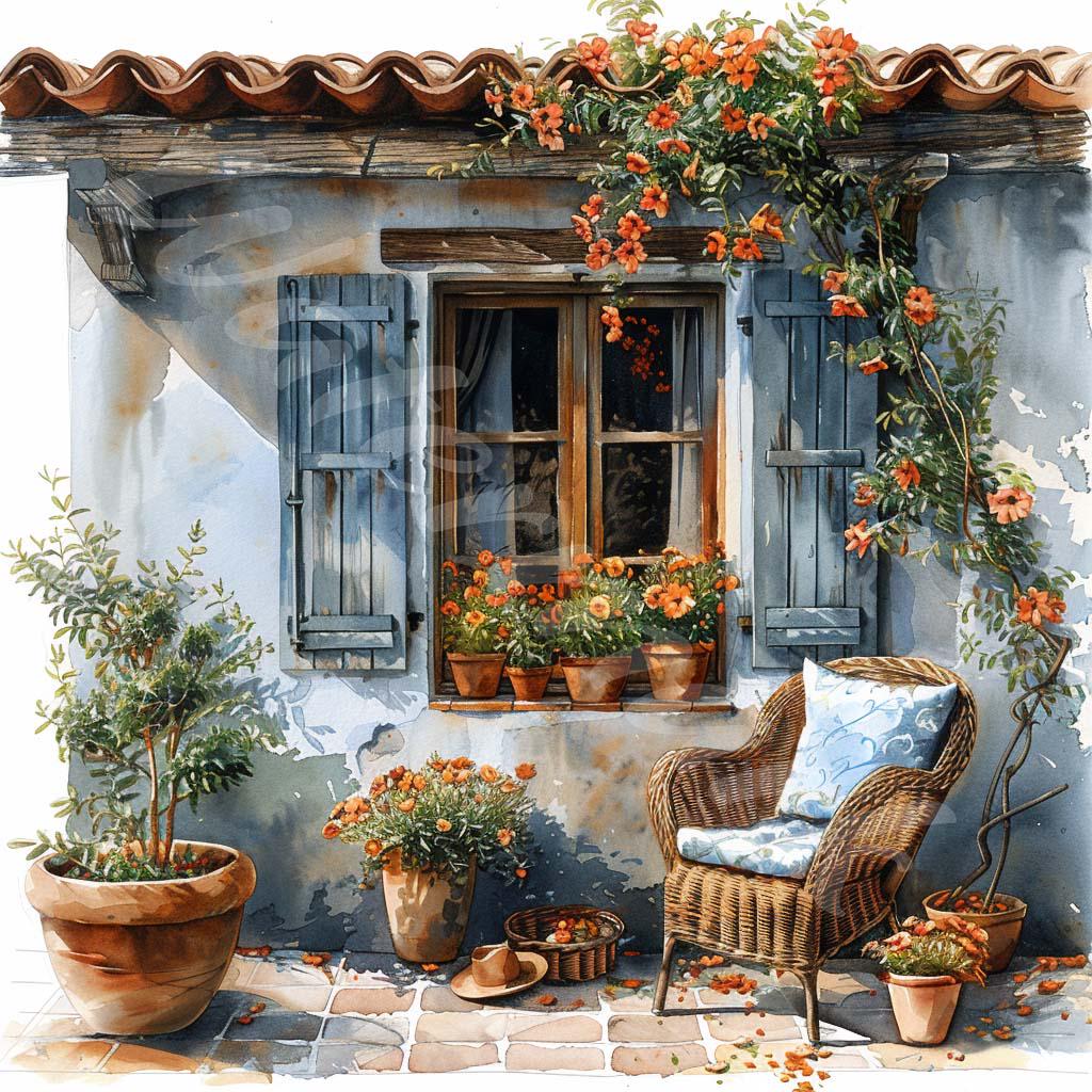 French Cottage Watercolor Clipart: Summer Landscape (digital Download ...