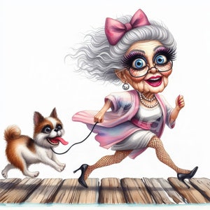 Crazy Old Lady Clipart, 12 JPG, People Illustrations, Grandma With Dog ...