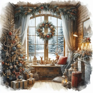 Christmas Window Clipart, 12 JPG, Digital Download, Christmas Landscape ...