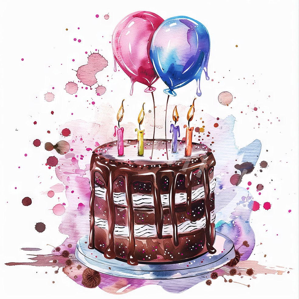 Watercolor Birthday Cake Clipart: Candles & Balloons (digital Download ...