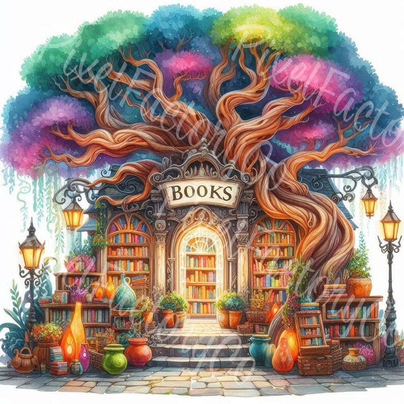 Fairy Tale Bookstore Clipart: Enchanted Library Illustration (JPG ...