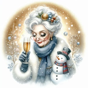 Christmas Old Lady Clipart: Elegant Grandma With Snowman (JPG Digital ...