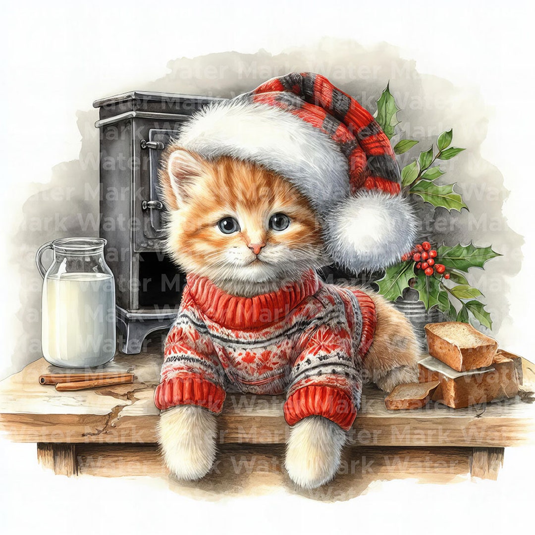 Christmas Cat Watercolor Clipart: Holiday Card Making (digital Download ...