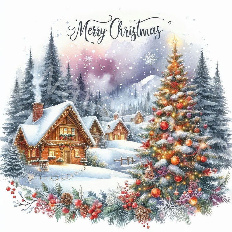 Watercolor Christmas Clipart: Holiday Landscape Scene (JPG Digital ...