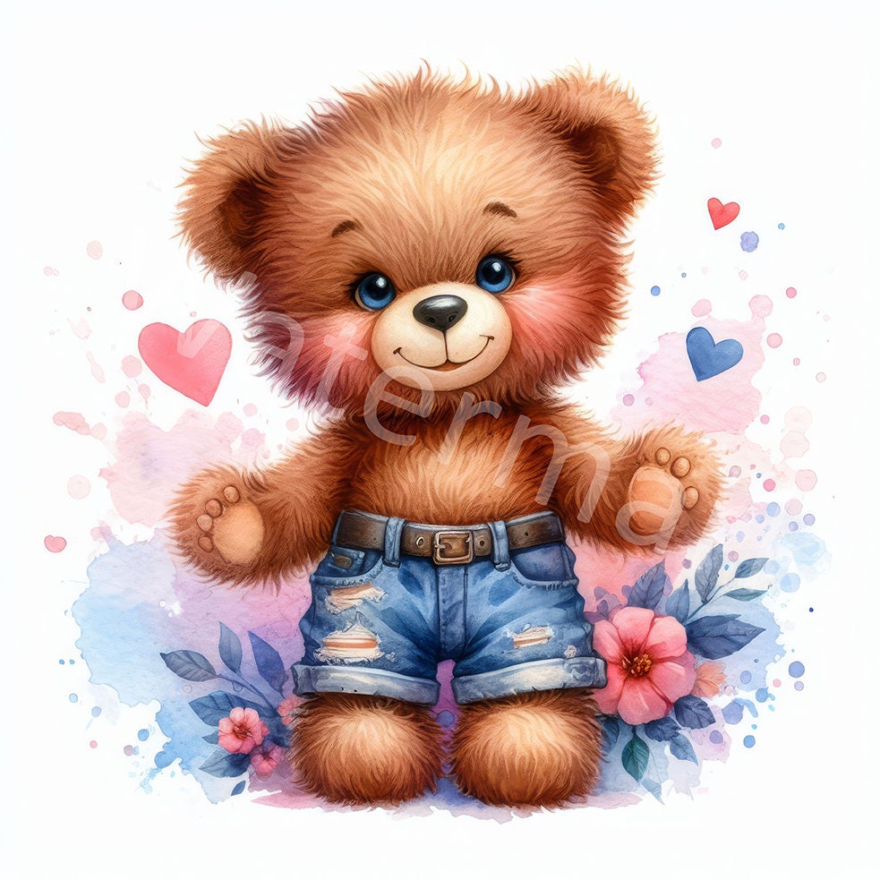 Watercolor Teddy Bear Clipart: Jeans Outfit (digital Download) - Etsy