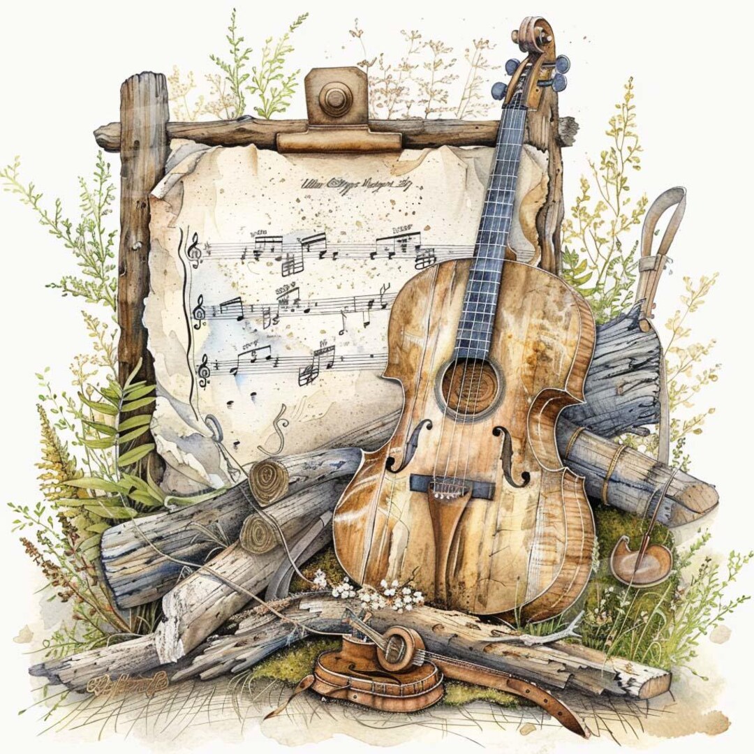 Watercolor Musical Instruments Clipart: Piano, Violin, Guitar (digital ...