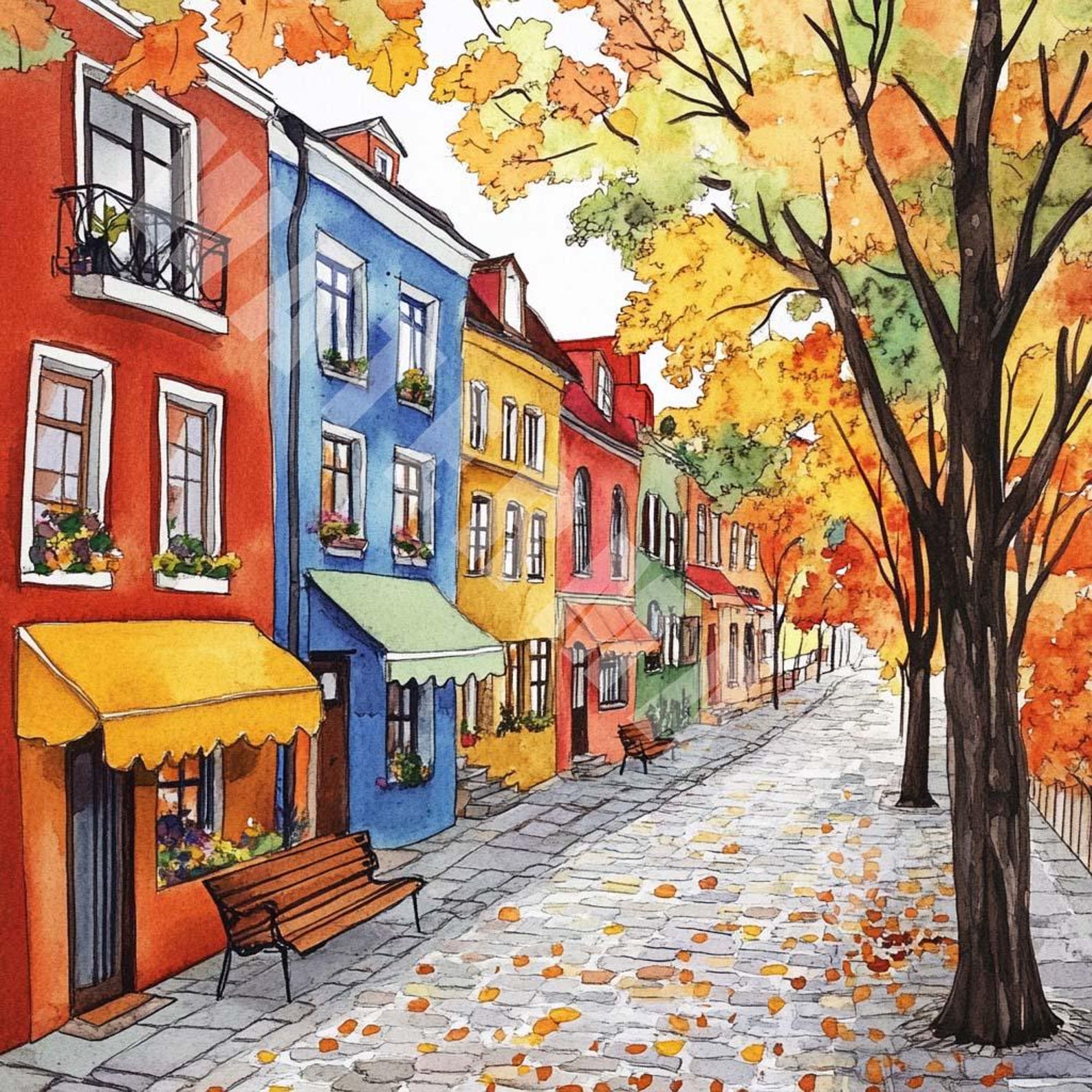 Autumn Street Watercolor Clipart: Fall City Landscape (digital Download ...
