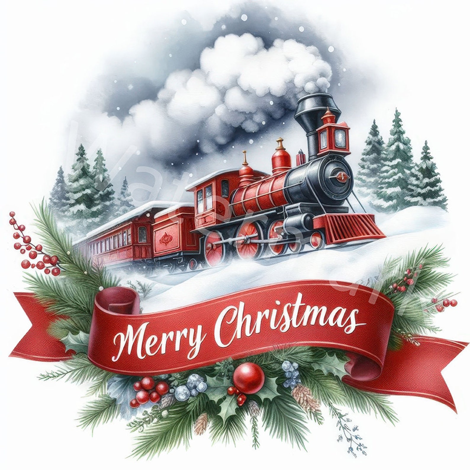 Watercolor Christmas Train Clipart: Holiday Card Graphics (digital ...