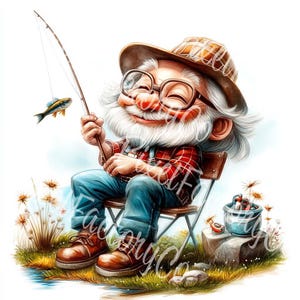Funny Grandpa Fishing Clipart: Watercolor Summer Character Bundle ...