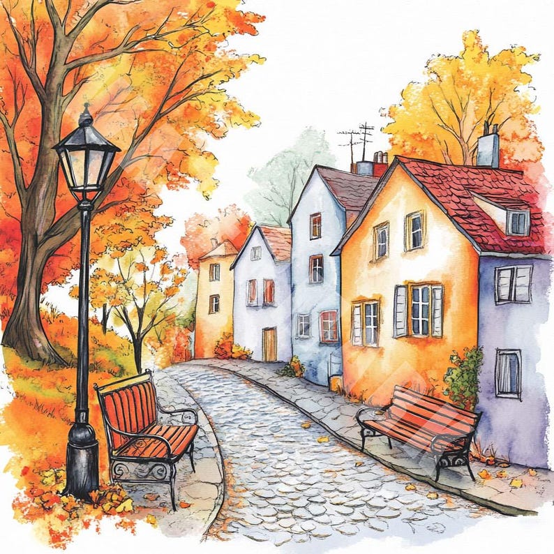 Autumn Street Watercolor Clipart: Fall City Landscape (digital Download ...