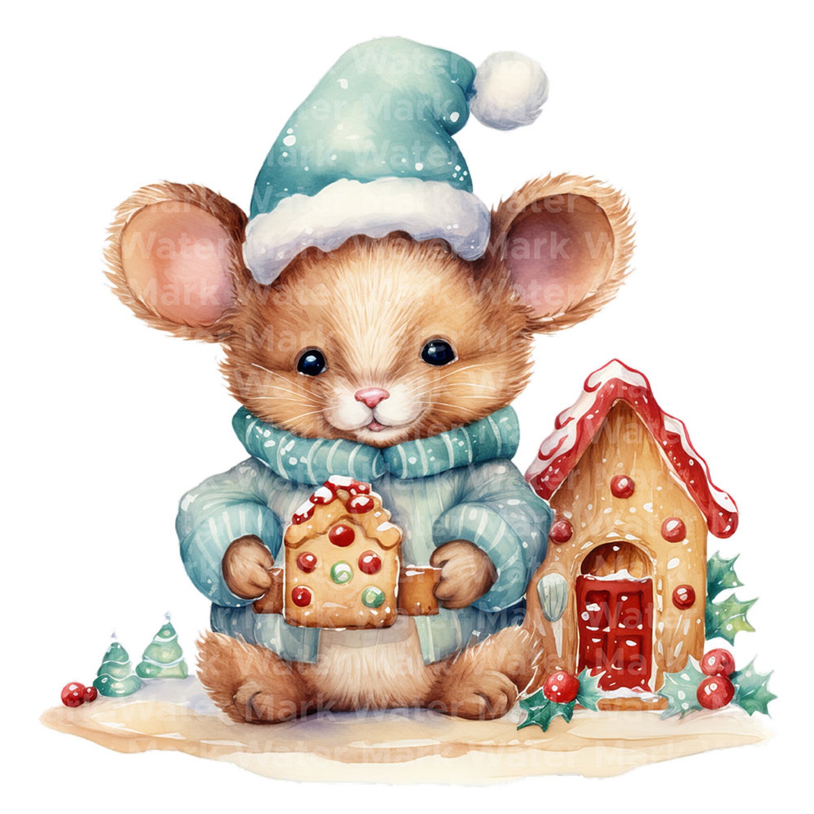 Christmas Mouse Watercolor Clipart: Mistletoe, Cookie (digital Download ...