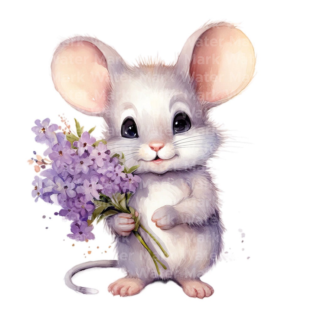 Mouse With Lavender Clipart, 11 Jpg, Watercolor Mouse Clipart, Digital ...