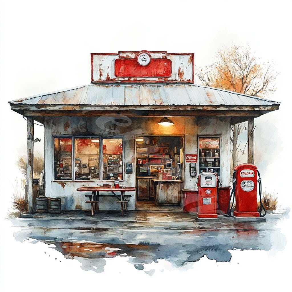 Vintage Gas Station Clipart: Retro American Car, Watercolor Style ...