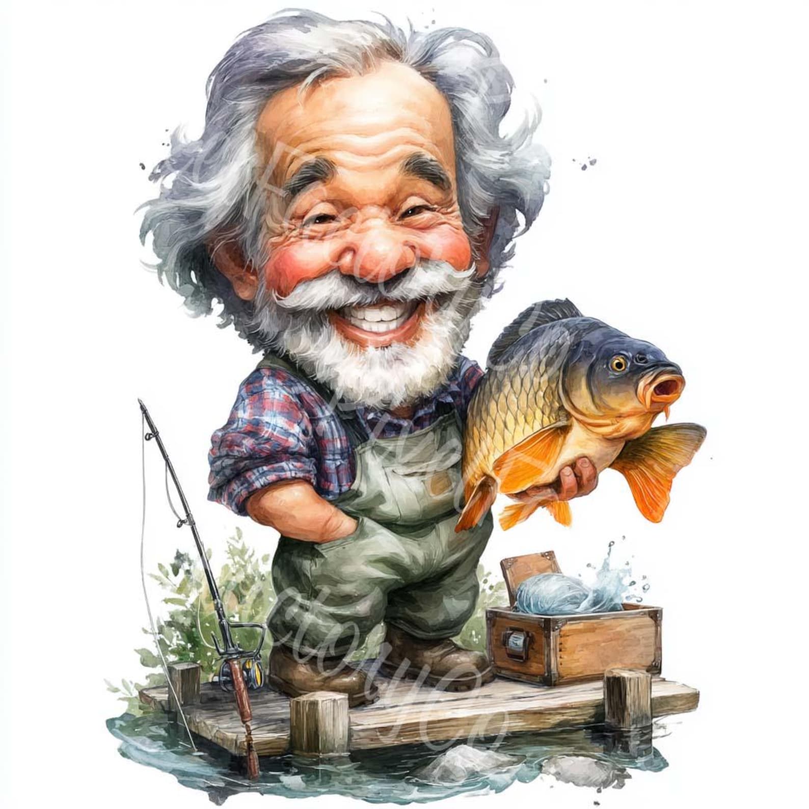 Funny Fishing Grandpa Clipart Bundle: Old Man Digital Art (JPG Files ...