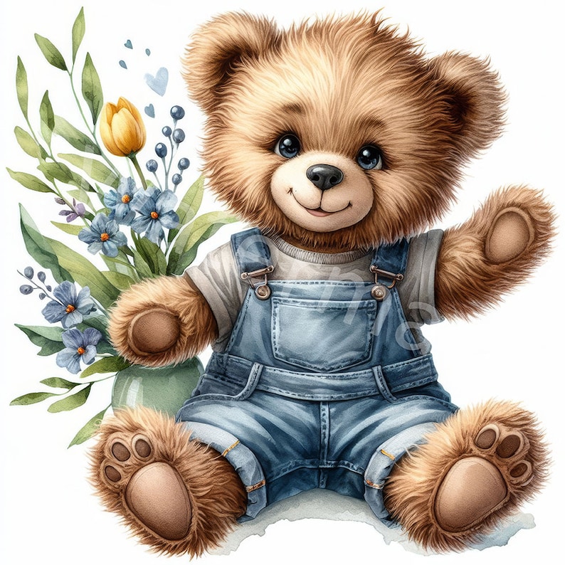 Watercolor Teddy Bear Clipart, 12 JPG, Digital Download, Card Making Clipart, Animals Clipart ...