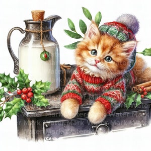 Christmas Cat Watercolor Clipart: Holiday Card Making (digital Download ...