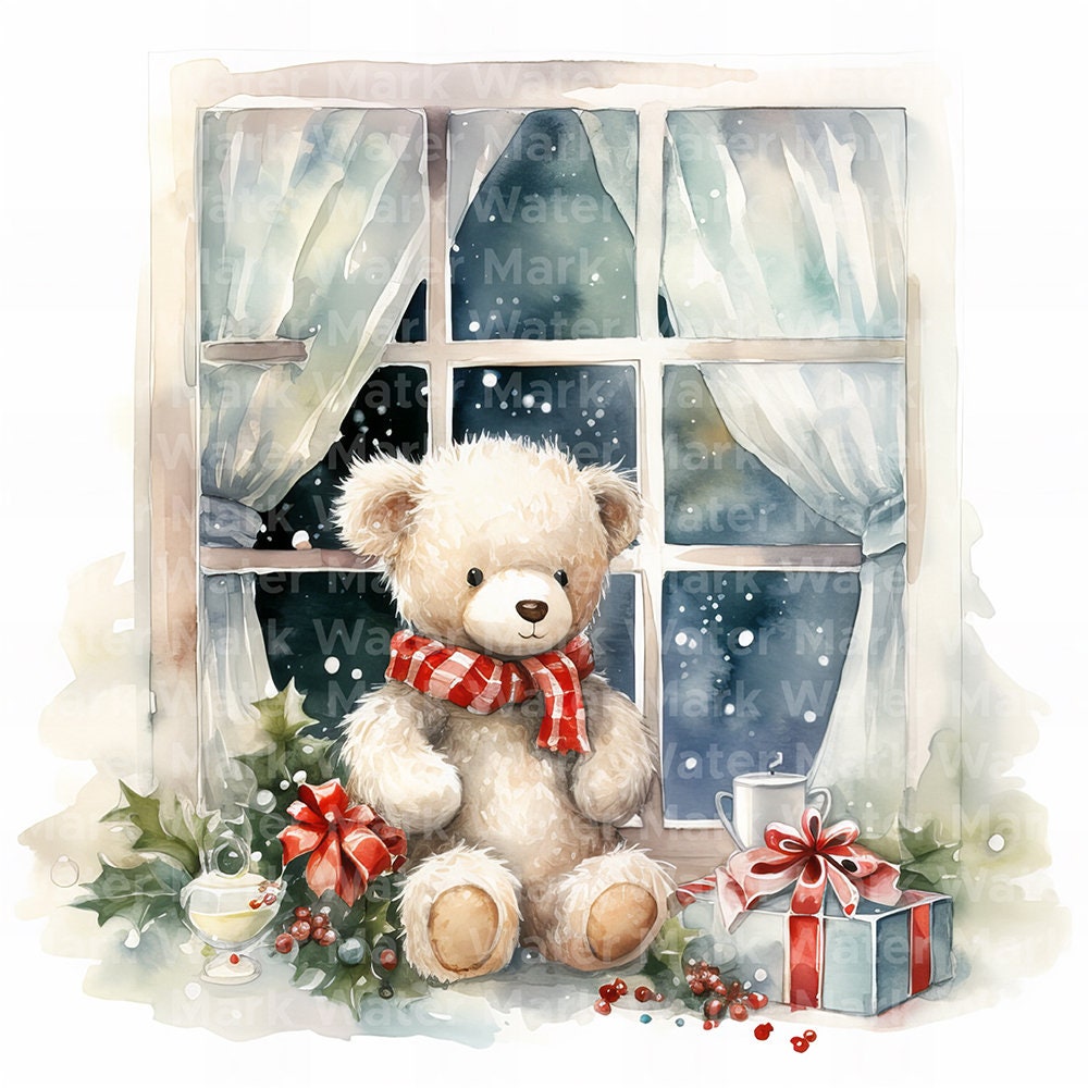 Christmas Teddy Bear Clipart, 12 JPG, Watercolor Clipart, Christmas ...