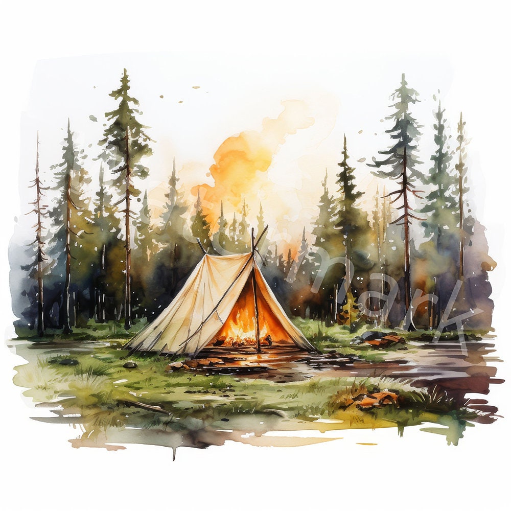 Watercolor Camping Clipart: Forest Tent & Camper Designs (digital ...