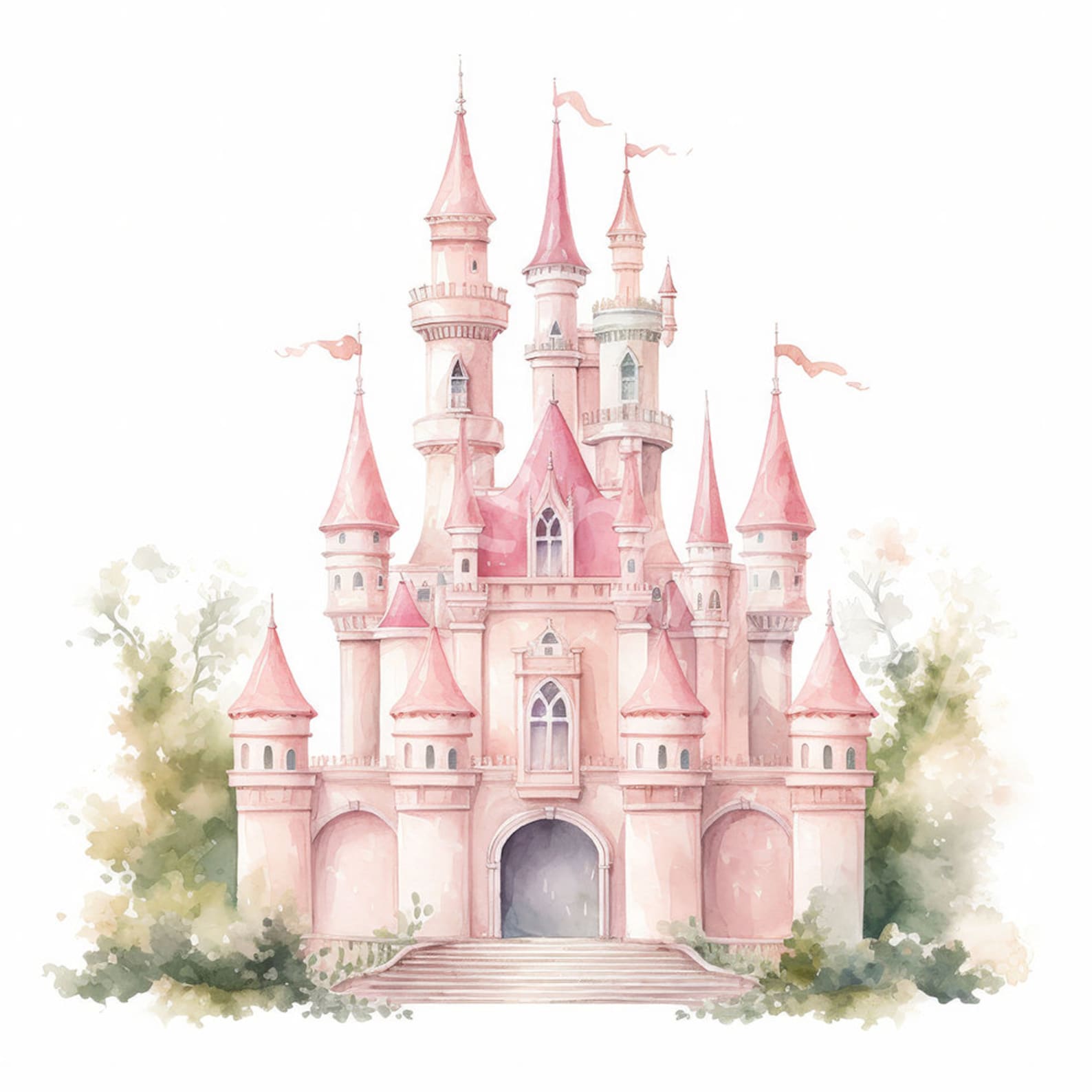 Pink Castle Watercolor Clipart: Princess Scrapbook Graphics (digital ...