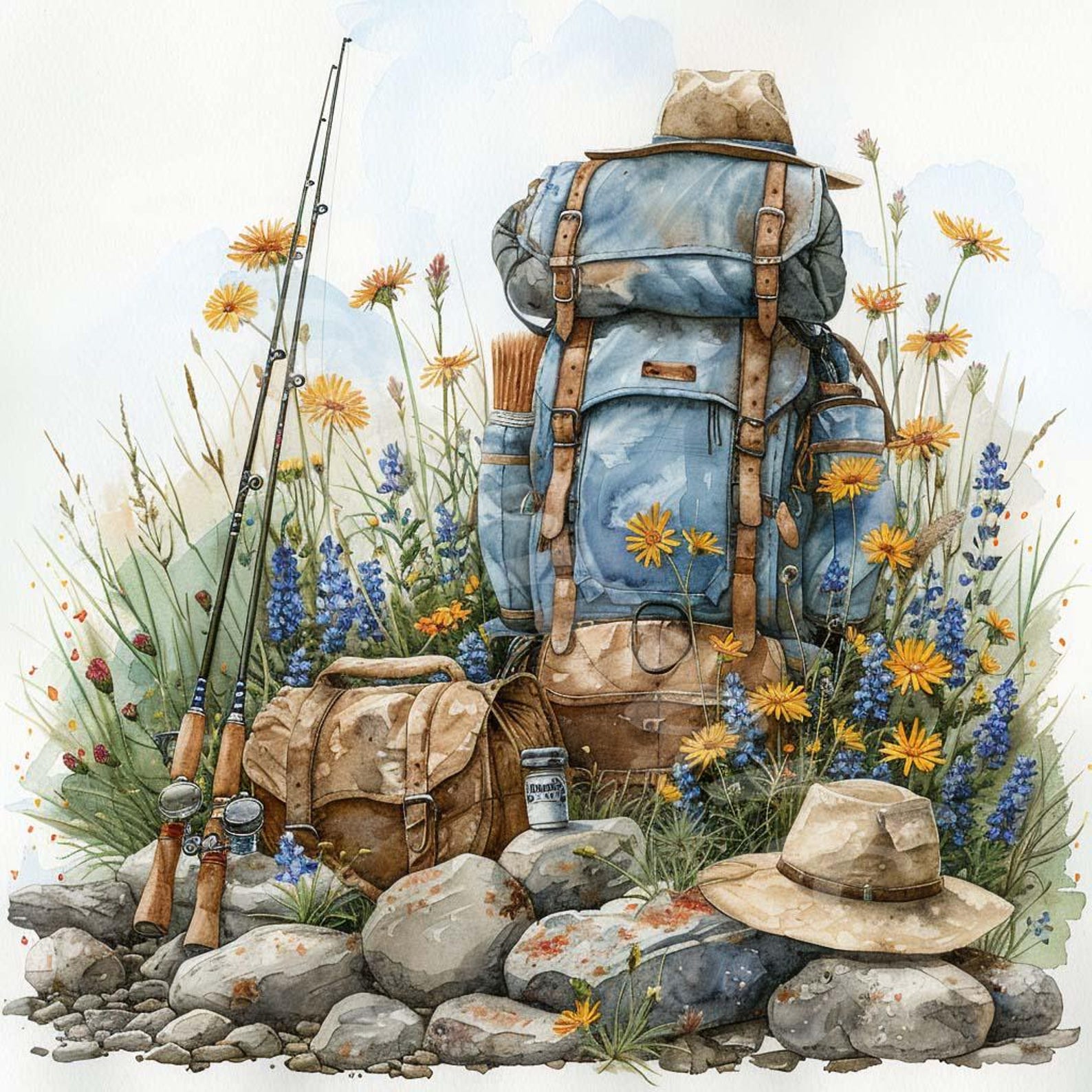 Watercolor Fishing Clipart Set: Rods, Fish, & Gear (JPG Digital ...