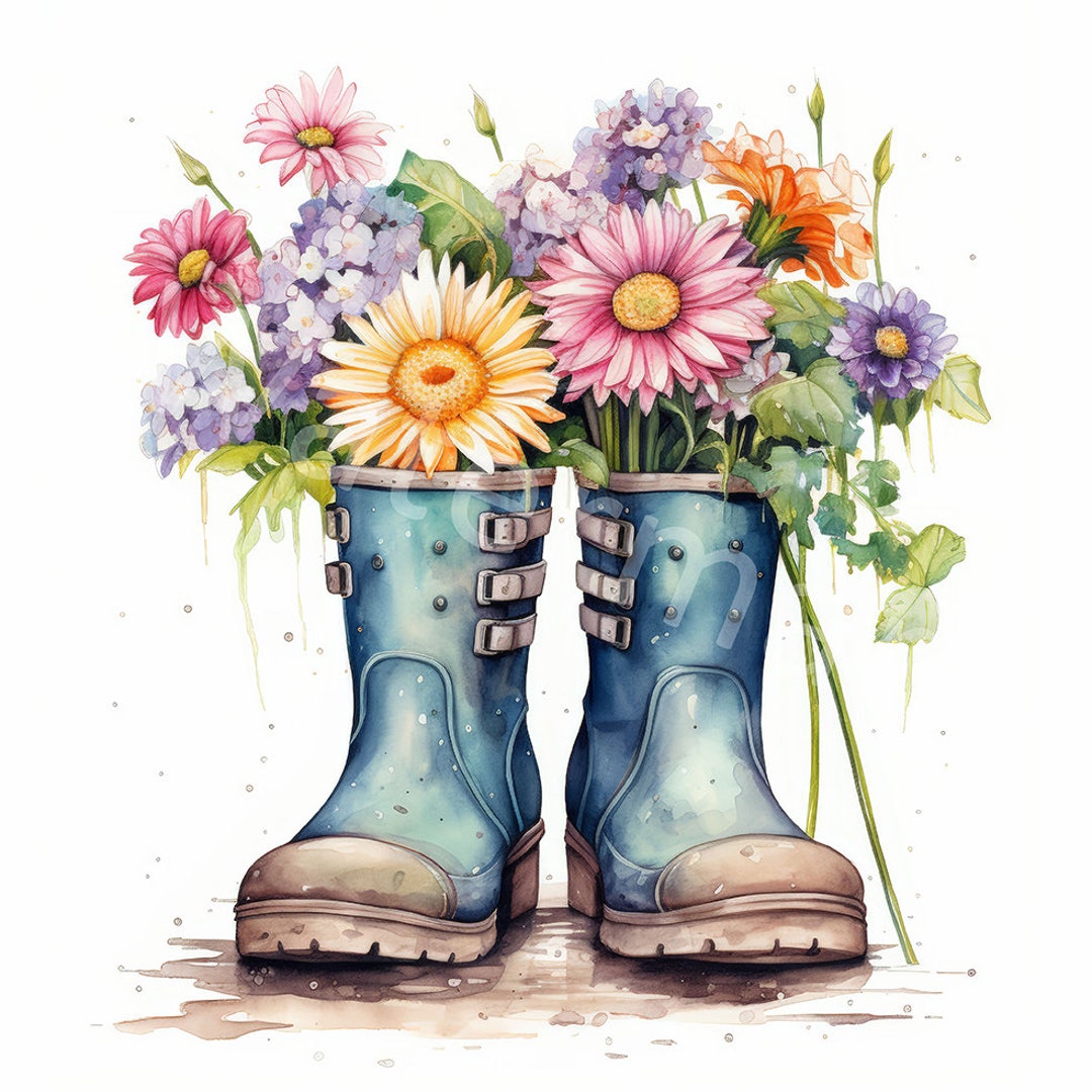 Rain Boots With Flowers Watercolor Clipart, 12 Jpg, Digital Download ...