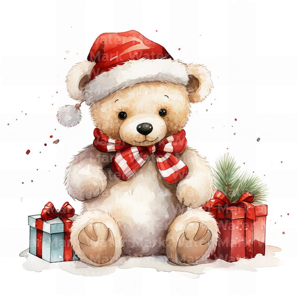 Christmas Teddy Bear Clipart, 12 JPG, Watercolor Clipart, Christmas ...