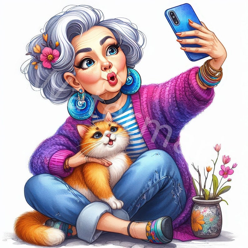 Funny Senior Women With Cat Clipart: Selfie Graphics (digital Download ...