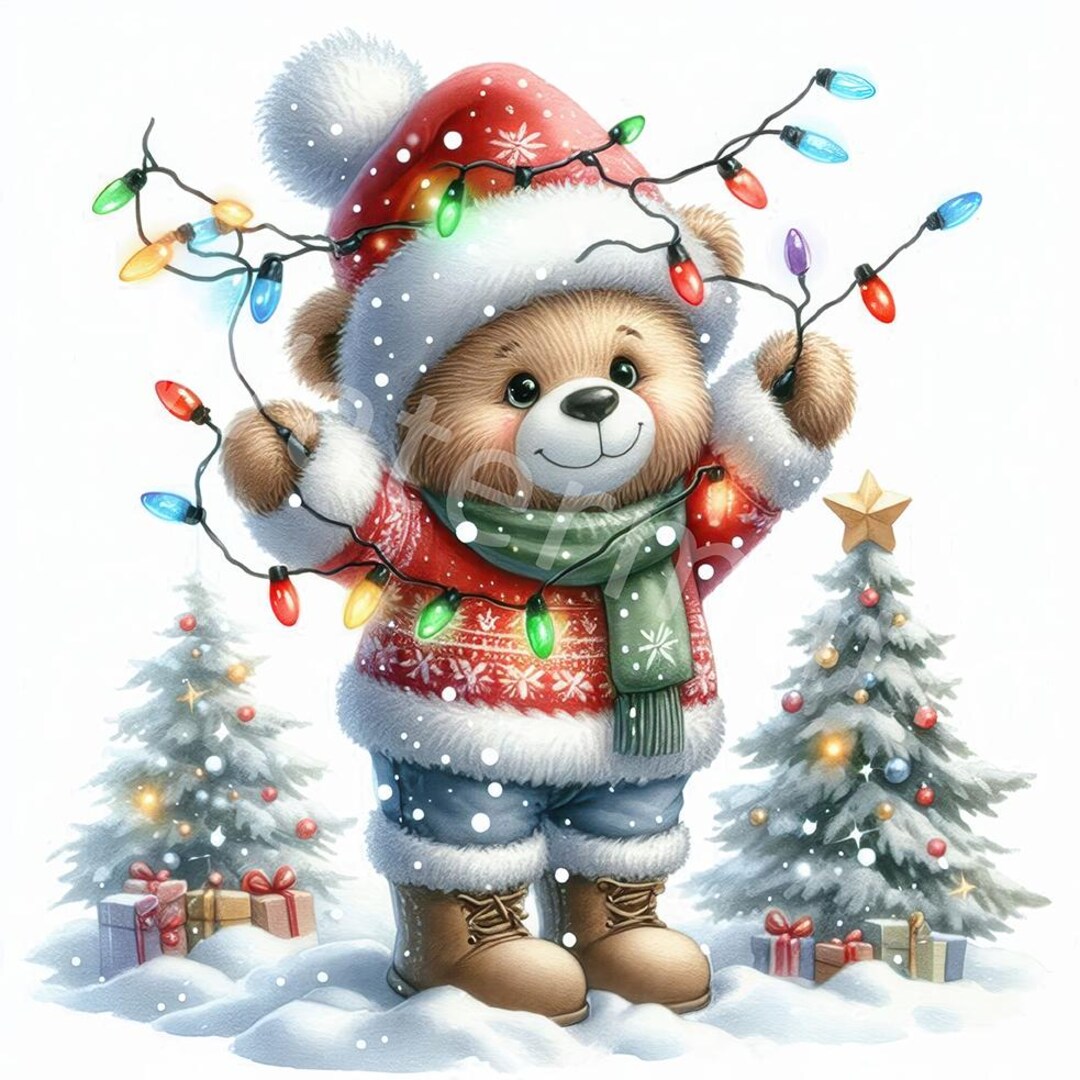 Christmas Teddy Bear Clipart: Watercolor Holiday Animals (digital ...