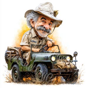 Funny Grandpa Safari Clipart: Cartoon Animal Jeep Adventure (commercial ...