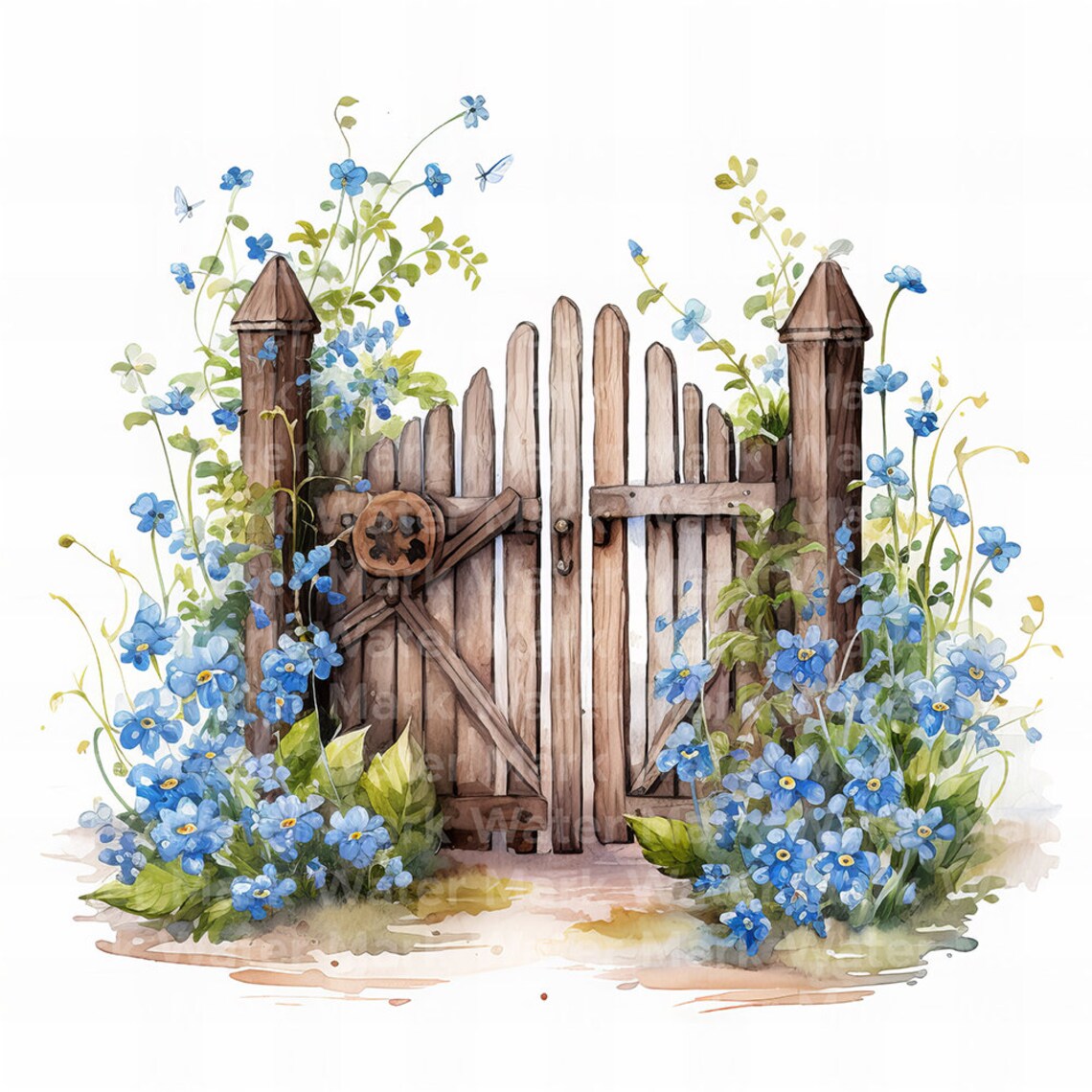 Watercolor Garden Clipart: Summer Gate, Floral Art (digital Download ...