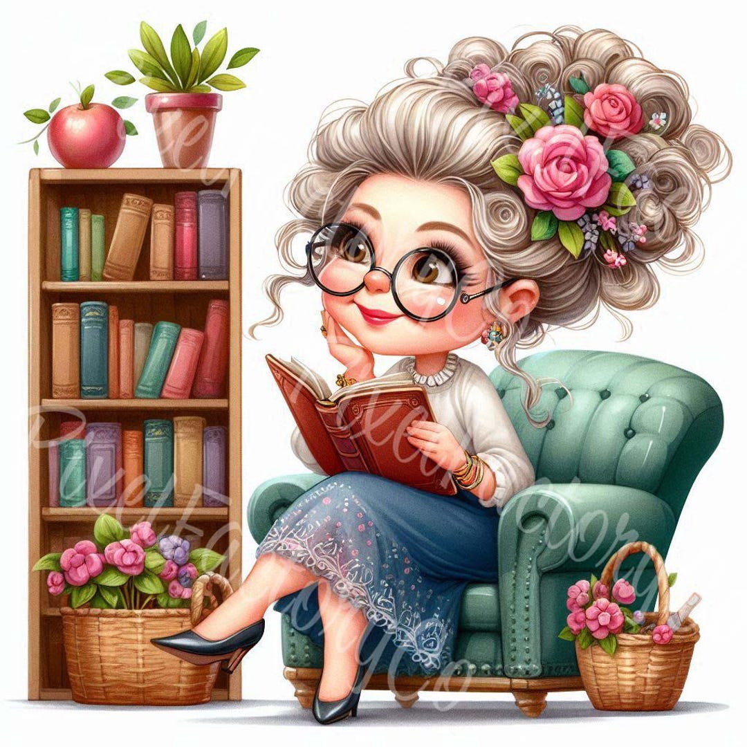 Grandma Librarian Clipart: Vintage Granny Art, Scrapbooking (digital ...