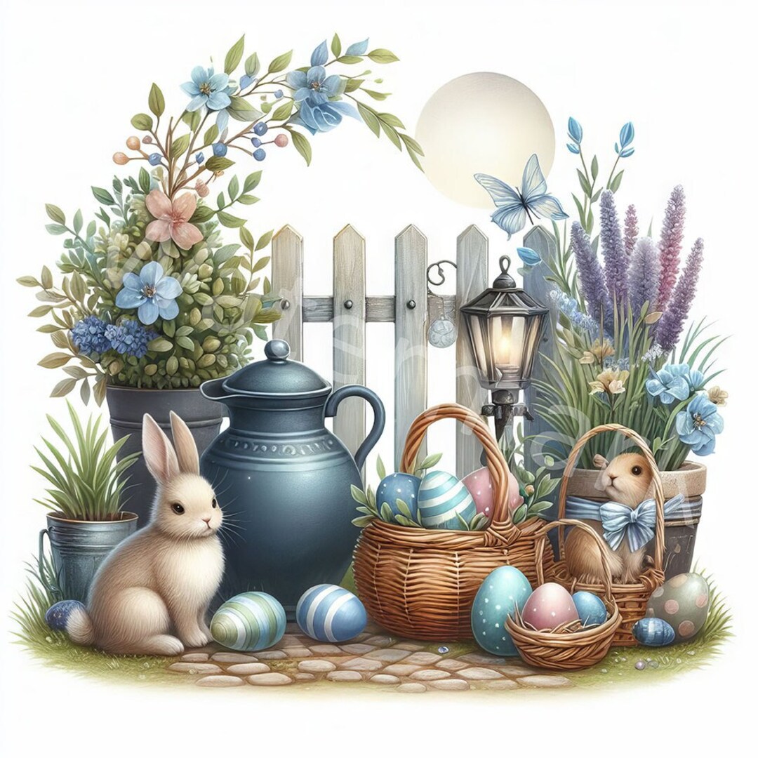 Easter Garden Clipart: Bunny, Eggs, Gate (digital Download) - Etsy