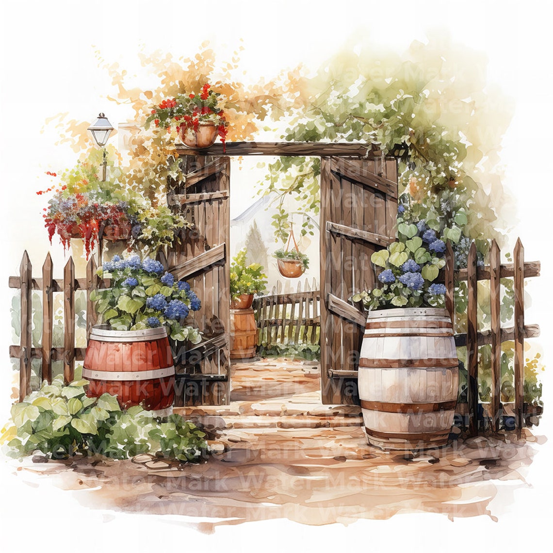Watercolor Garden Clipart: Summer Gate, Floral Art (digital Download ...